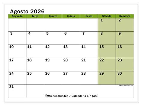 Calendário Agosto De 2026 Para Imprimir Organização Viva Michel Zbinden