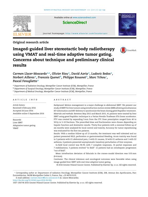 Pdf Imaged Guided Liver Stereotactic Body Radiotherapy Using Vmat And Real Time Adaptive Tumor