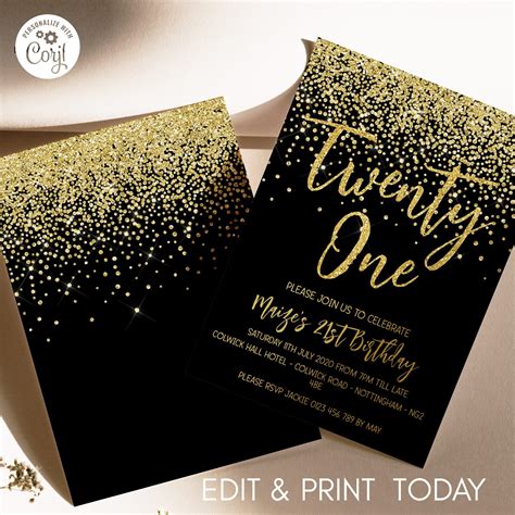 21st Birthday Invitation Gold Glitter Birthday Party Invitation