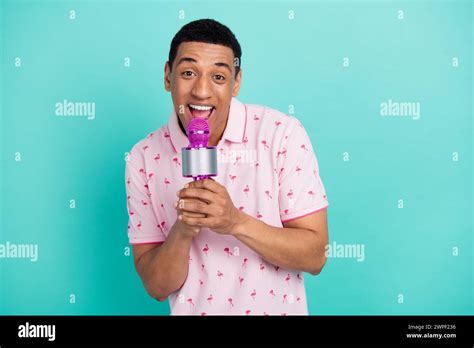 Portrait Of Positive Overjoyed Man Have Good Mood Sing Microphone Empty