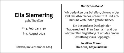 Traueranzeigen Von Ella Siemering Nordwest Trauer De