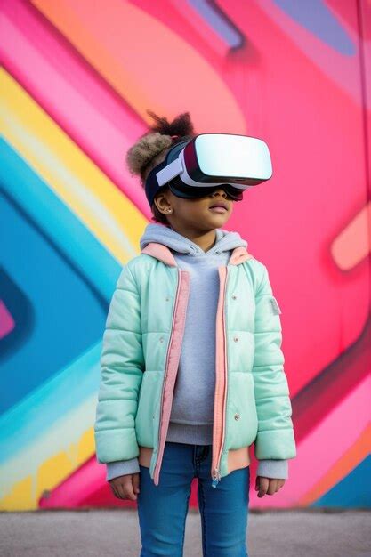 Criança Usando óculos De Realidade Virtual Em Um Parque De Diversões E Ignorando A Vida Real O