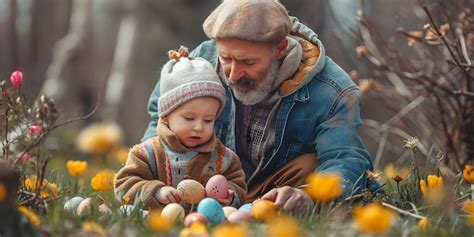 Premium Photo Grandfather And Grandson Look For Eggs Hidden In Grass