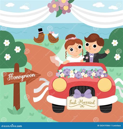 Vector Wedding Scene With Cute Just Married Couple Marriage Ceremony