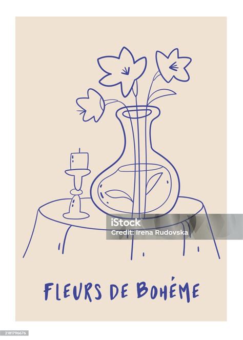현대 포스터입니다 꽃다발과 촛불이 있는 정물화의 파란색 스케치 카페 낙서 지점 및 점심 요리 현대 유행 스케치 윤곽선 요소 꽃 식물에 대한 스톡 벡터 아트 및 기타 이미지