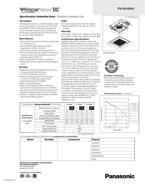 Panasonic Whispervalue Dc Fv 0510vs1 Ventilation Fan Specification