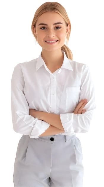 Confident Blond Bank Teller Smiling In White Uniform At The Bank Office
