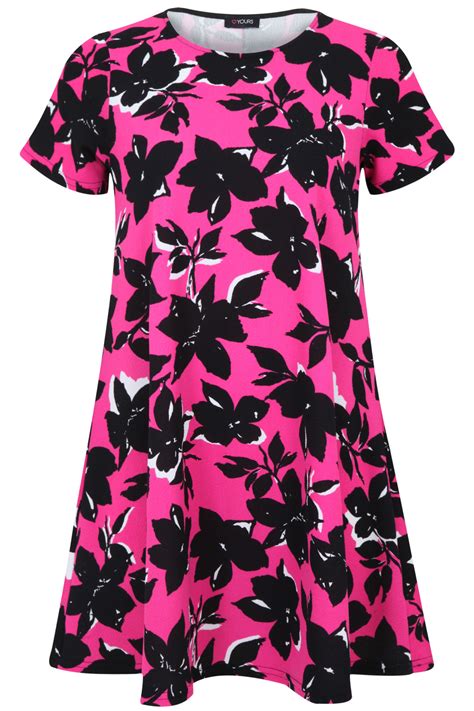 Pink And Black Floral Textured Print Swing Dress Plus Size 14161820