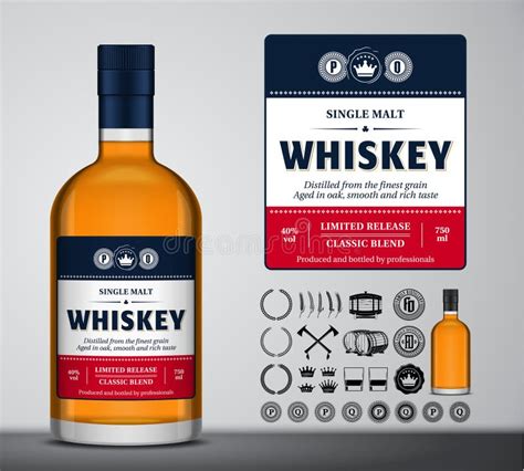 Vector Whiskey Label Glass Bottle Mockup Whiskey Icons Badges Insignia Stock Vector