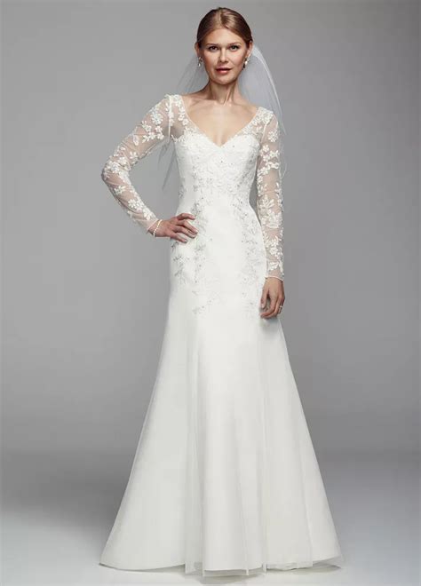 Davids Bridal Long Illusion Sleeve Tulle Wedding Dress With Floral