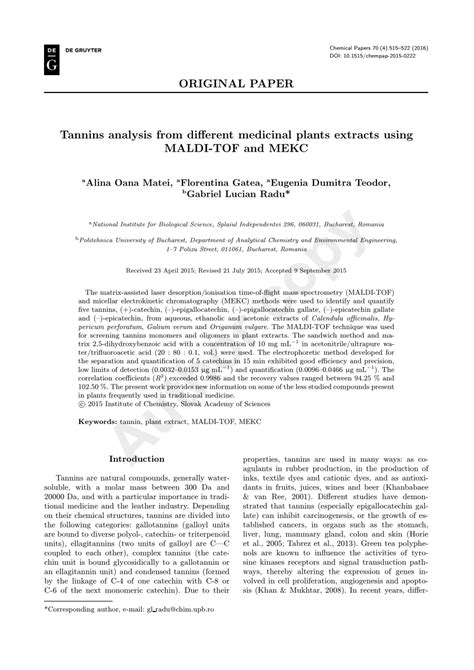 Pdf Tannins Analysis From Different Medicinal Plants Extracts Using Maldi Tof And Mekc