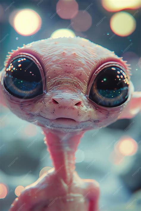 Cute Pink Alien With Big Eyes Soft Focus Futuristic Lighting Closeup