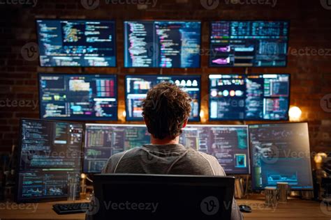 Programmer Working At Multi Screen Computer Setup In A Dark Tech Office