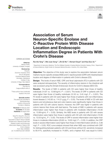 Pdf Association Of Serum Neuron Specific Enolase And C Reactive Protein With Disease Location