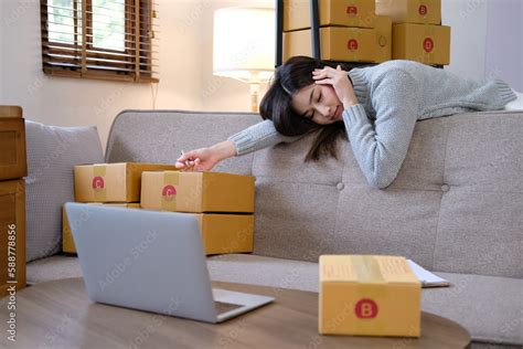 Babe Beautiful Asian Woman Sitting On Sofa In Front Of Laptop Sleepy Tired Work Hard Lazy