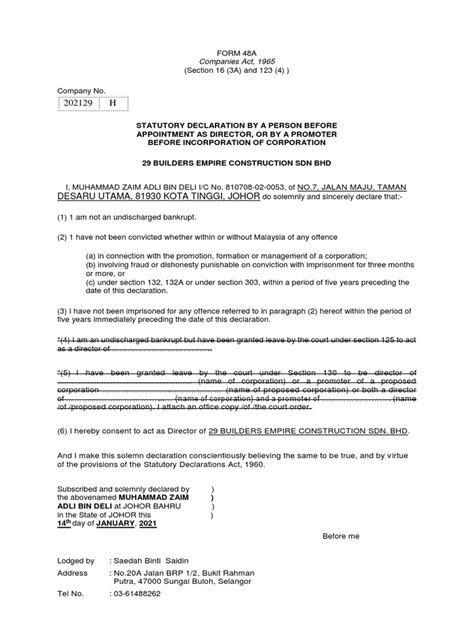 Form 48a Statutory Declation By A Person Before Appoinment As Director
