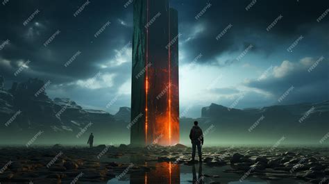 Premium Photo A Man Contemplates A Floating Monolith In The Sky