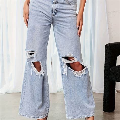 Blue Flipped Waist Design Straight Jeans Loose Fit Double Temu