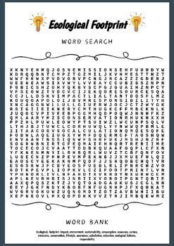 Ecological Footprint Word Search Challenge Worksheet No Prep
