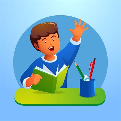Niño estudiando en clase y levantando la mano preguntando al maestro