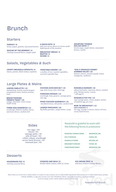Rosewild Menu In Fargo North Dakota Usa