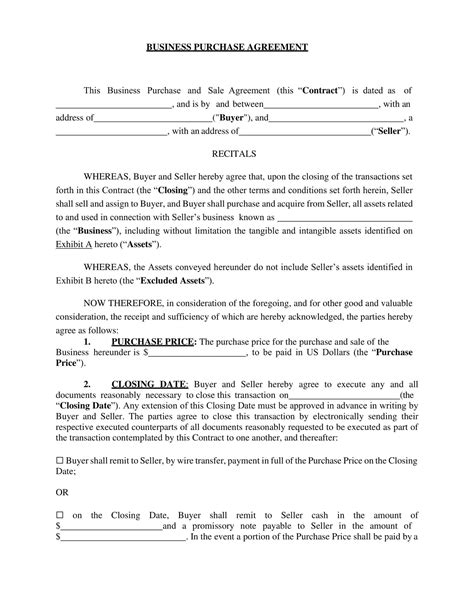 Free Printable Business Purchase Agreement Templates Pdf Word