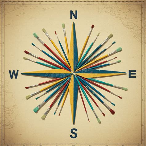 An Artistic Compass Rose Design Using Paintbrushes Arranged In A Radial