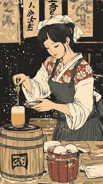 A Woman In Traditional Japanese Attire Pouring Sake From A Barrel