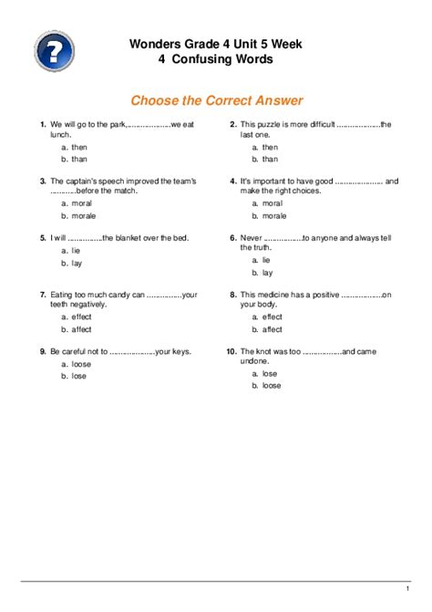 Wonders Grade 4 Unit 5 Week 4 Confusing Words Multiple Choice Worksheet Quickworksheets