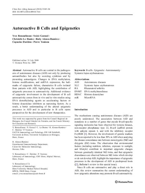 Pdf Autoreactive B Cells And Epigenetics