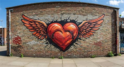 Colorful Heart With Wings Graffiti Mural On Brick Wall Urban Street Art