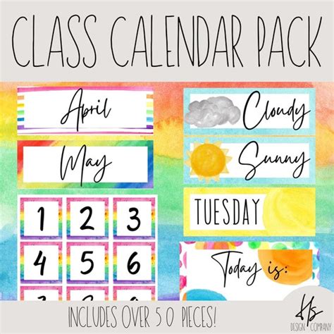 Printable Classroom Calendar Pack Watercolor Rainbow Etsy