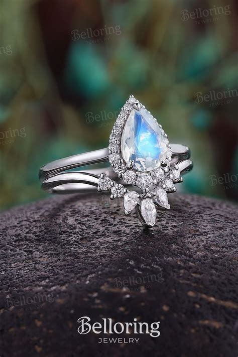 Pear Shaped Moonstone Engagement Ring Setvintage Diamond Halo Ring