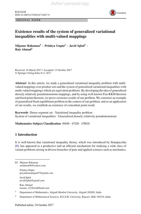 Pdf Existence Results Of The System Of Generalized Variational