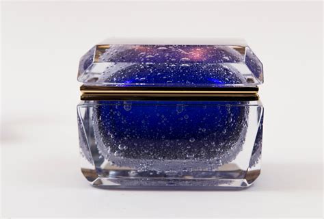 Murano Cobalt Blue Pulegoso Chamfered Rectangular Glass Box For Sale At
