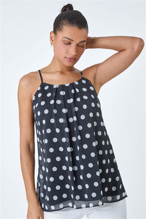 Black Polka Dot Print Chiffon Cami Top Roman UK
