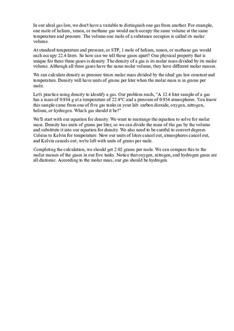 Density Of A Gas Molar Volume And Molar Mass Edubirdie