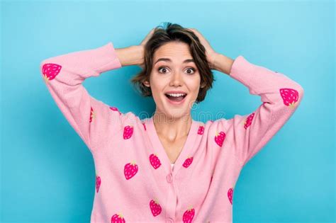 Photo Of Glad Cheerful Lady Wear Pink Stylish Clothes Two Hands Touch