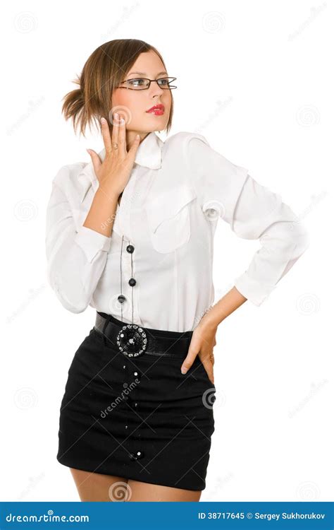 Menina Sedutor Em Uma Saia Preta E Em Uma Camisa Branca Imagem De Stock