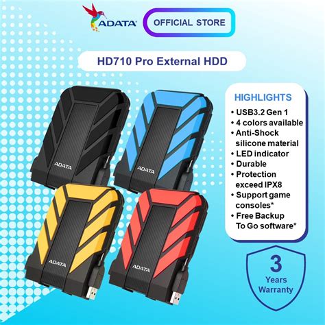 Adata Ext Hdd Durable Usb3 2 Black Blue Red Yellow 1tb 2tb 4tb Hd710pro Shopee Malaysia