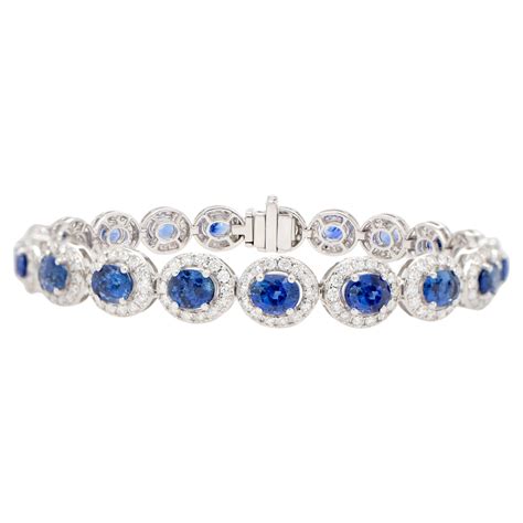 Blue Sapphire Bracelet Diamond Halo 10 Carats 18k Gold For Sale At 1stdibs