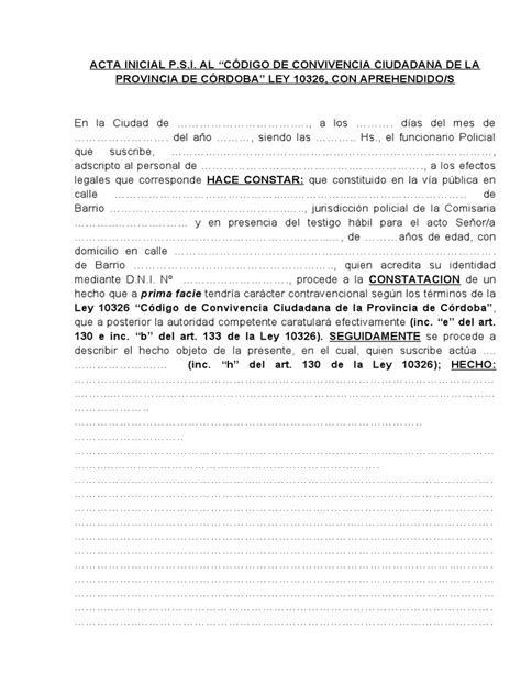 Acta Inicial Psi Al Cdigo De Convivencia Ciudadana De La Provincia
