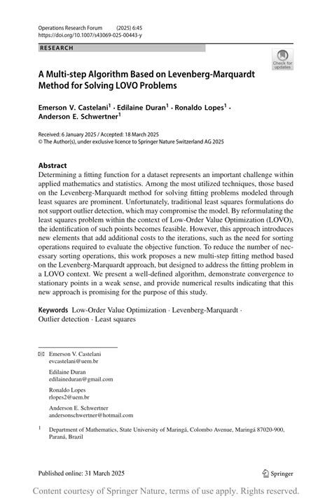 A Multi Step Algorithm Based On Levenberg Marquardt Method For Solving Lovo Problems Request Pdf