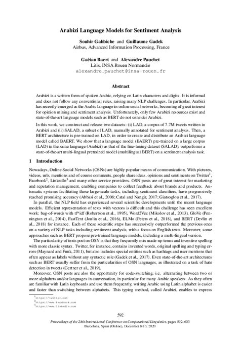 Pdf Arabizi Language Models For Sentiment Analysis Souhir Gahbiche