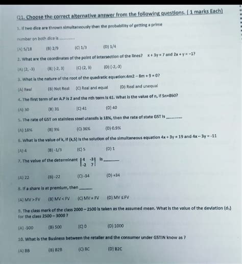 Q1 Choose The Correct Alternative Answer From The Following Questions