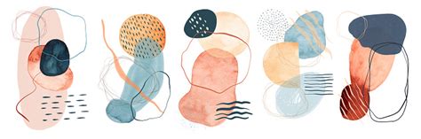 추상적 인 예술 배경의 컬렉션 손으로 그렸다 수채화 반점 비뚤어진 모양 고르지 않은 모양 물결 모양의 선 텍스처 브러시 인쇄 및 장식용 개념에 대한 스톡 벡터 아트 및 기타