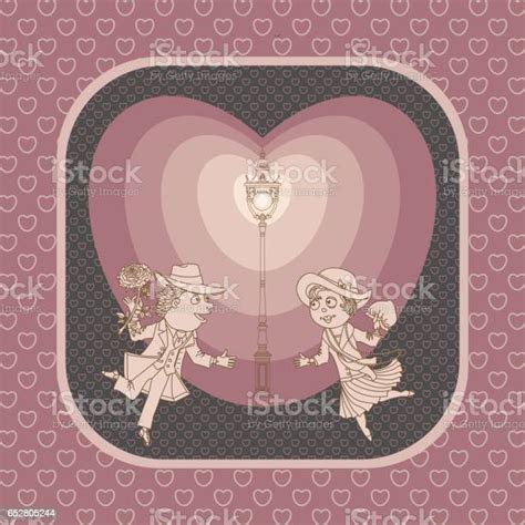 날짜에 거리 빛과 사랑 하는 부부와 함께 재미 있는 발렌타인 인사말 카드 벡터 Date Night Romance에 대한 스톡