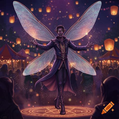 A Male Pixie Sorcerer With Dragonfly Wings And Eight Eyes Performs