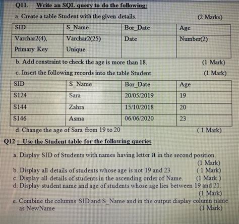 Solved 2 Marks Age Number 2 Q11 Write An SOL Query To Do Chegg