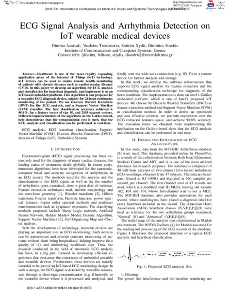 Pdf Ecg Signal Analysis And Arrhythmia Detection On Iot Wearable